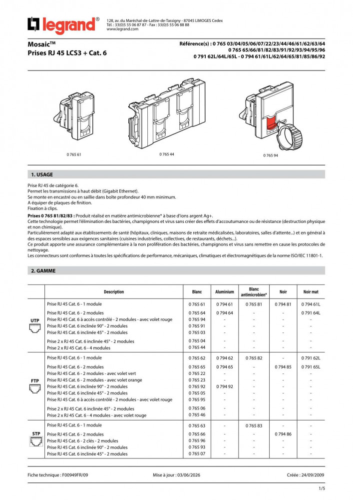 Legrand Mosaic Cat 6 RJ45 technical document, page 1
