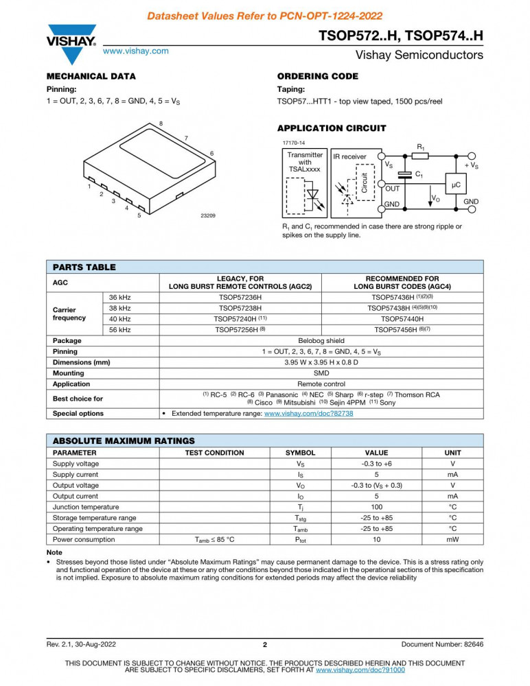 TSOP57456HTT1 technical document page 2
