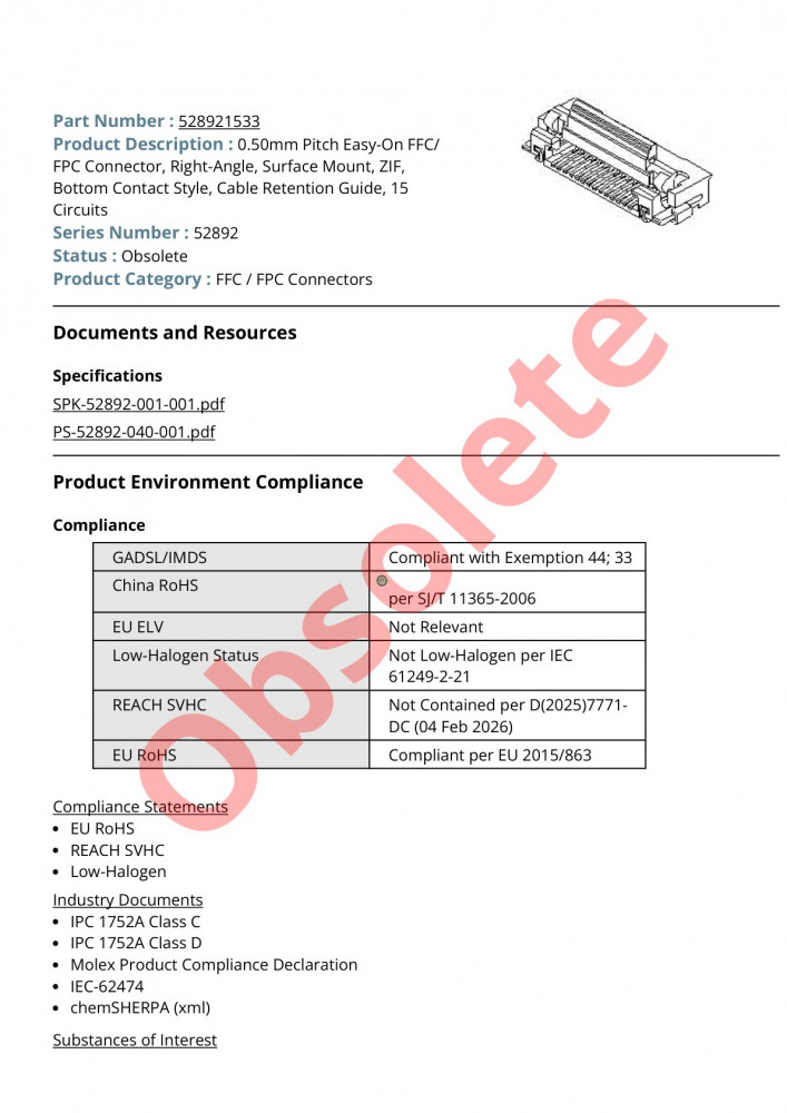 MOLEX 528921533 product documentation, page 1