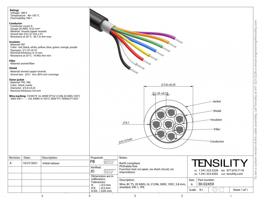 Tensility International 30-02459 cable specification drawing