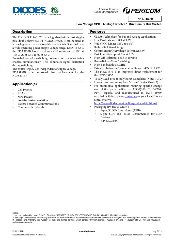 PI5A3157BC6EX datasheet page 1
