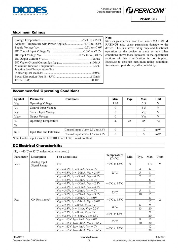 PI5A3157BC6EX datasheet page 3