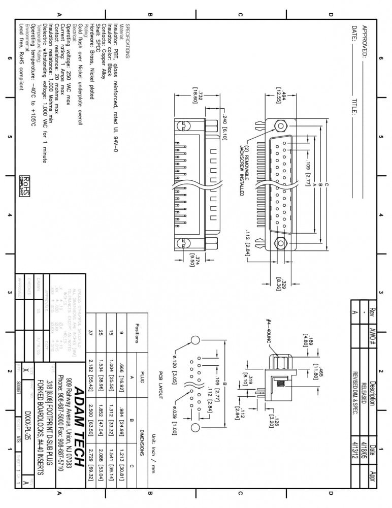 ADAM TECH DC37-PL-25 technical drawing