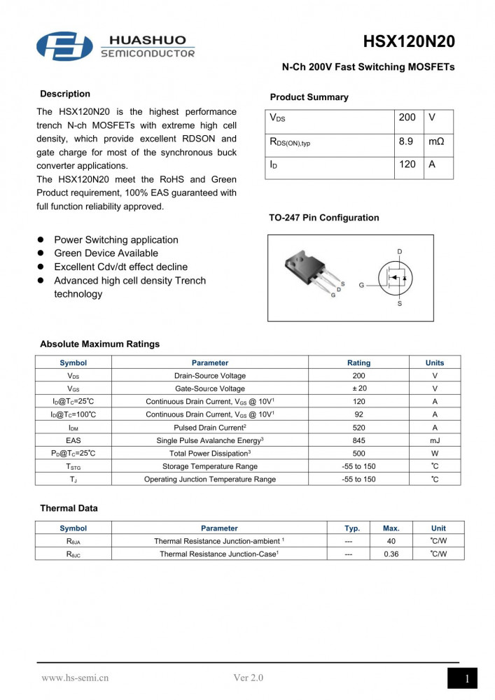 HSX120N20 technical document page 1