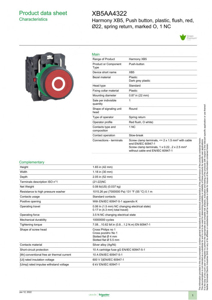 XB5AA4322 technical document page 1