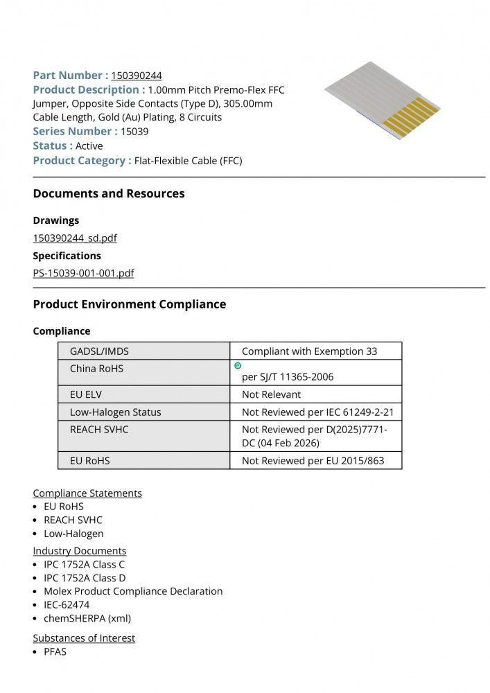 Molex 1.00 mm pitch FFC family specification, page 1