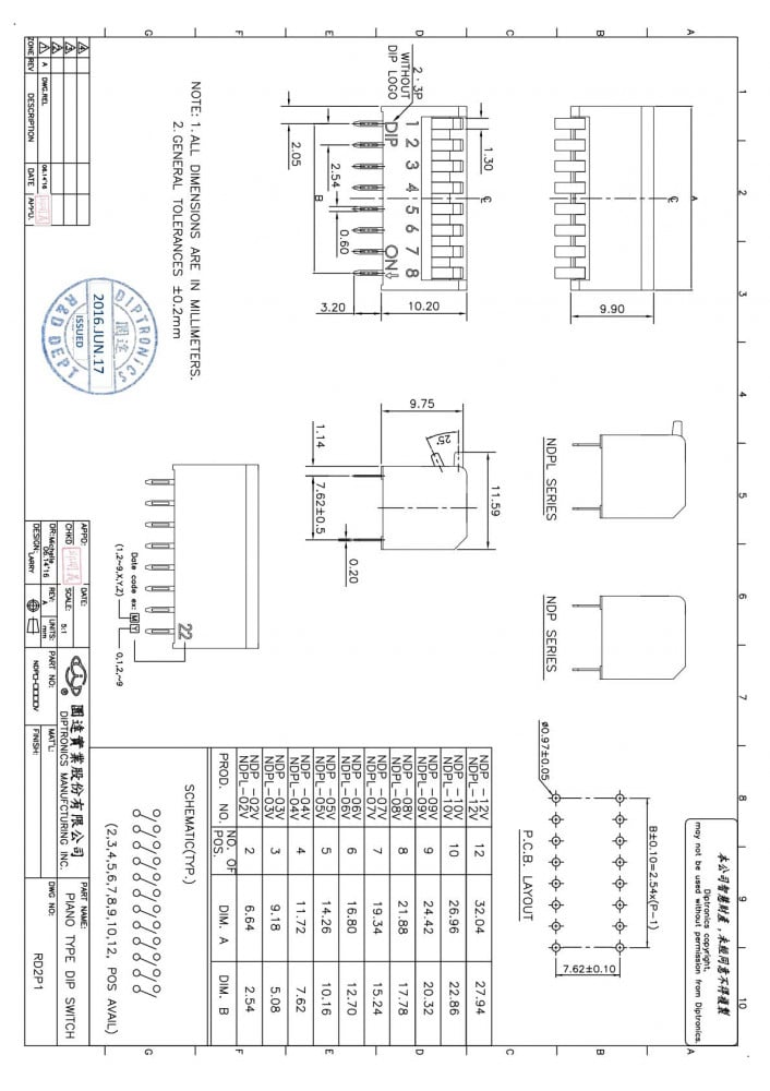 Diptronics piano type DIP switch drawing preview