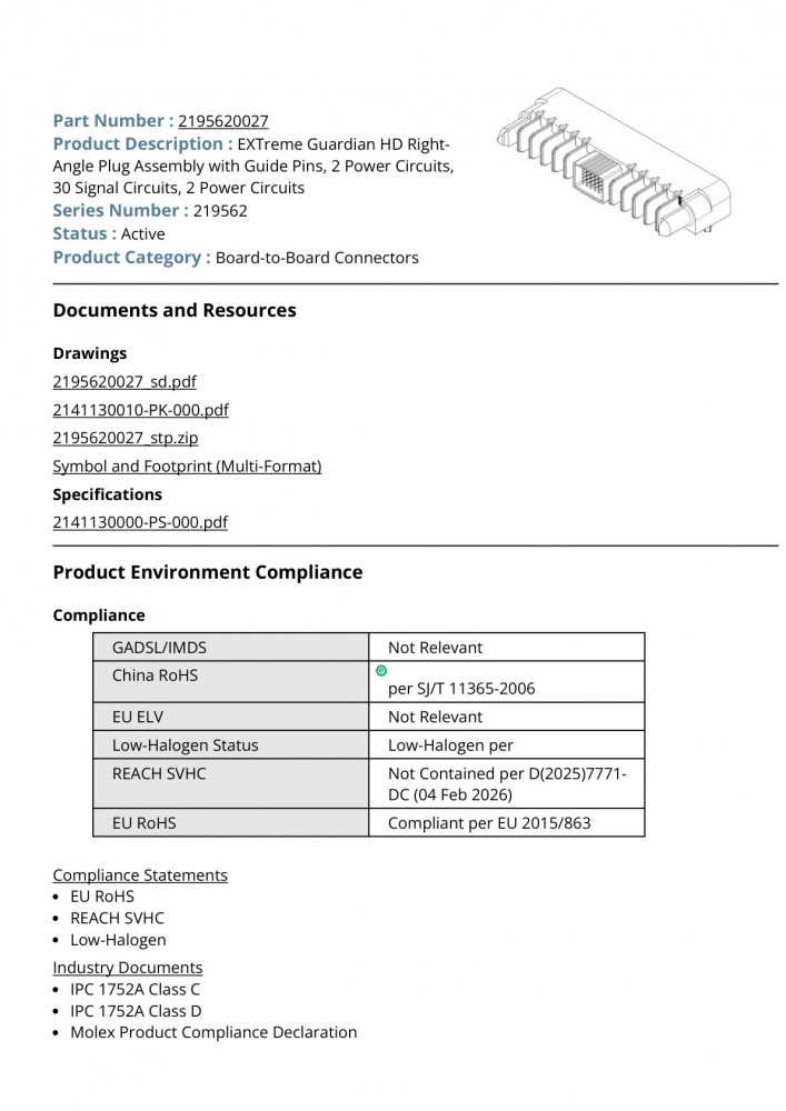 MOLEX 2195620027 technical document image, page 1