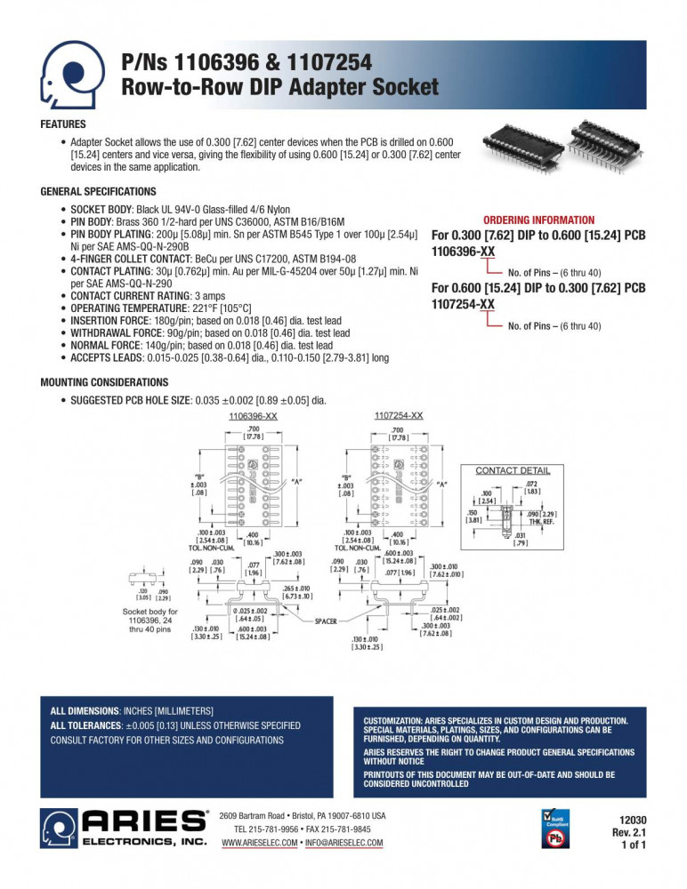 Aries Electronics 1106396 and 1107254 DIP adapter socket documentation