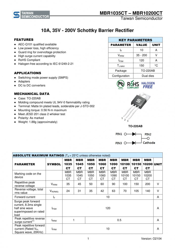 MBR10100CT datasheet page 1