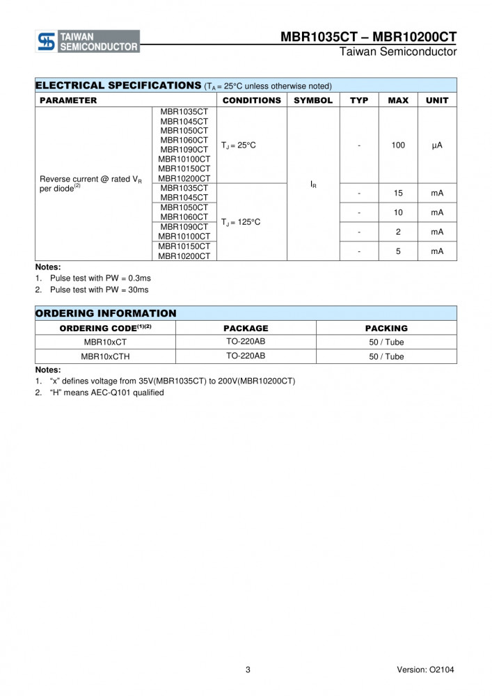 MBR10100CT datasheet page 3