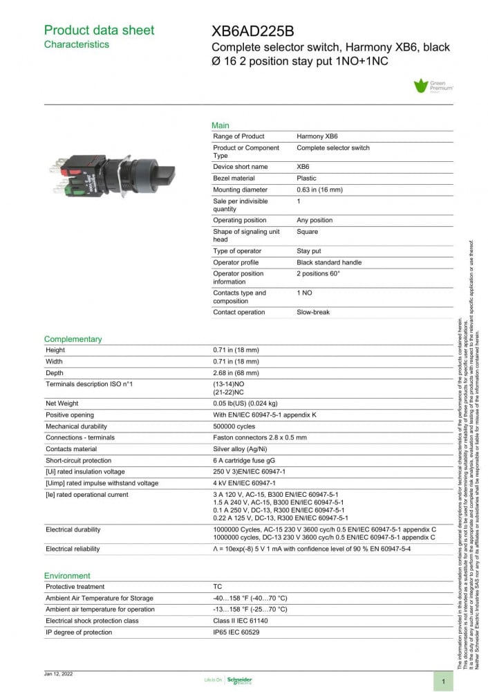 XB6AD225B technical document page 1
