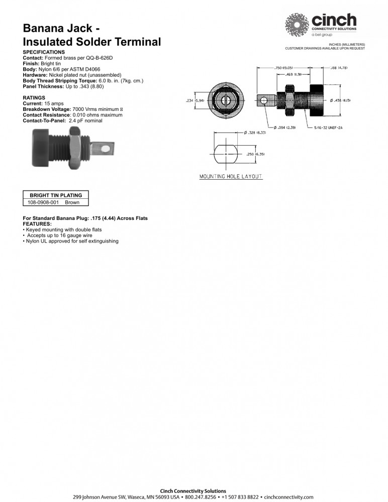 Bel Fuse 108-0908-001 specification and mounting reference