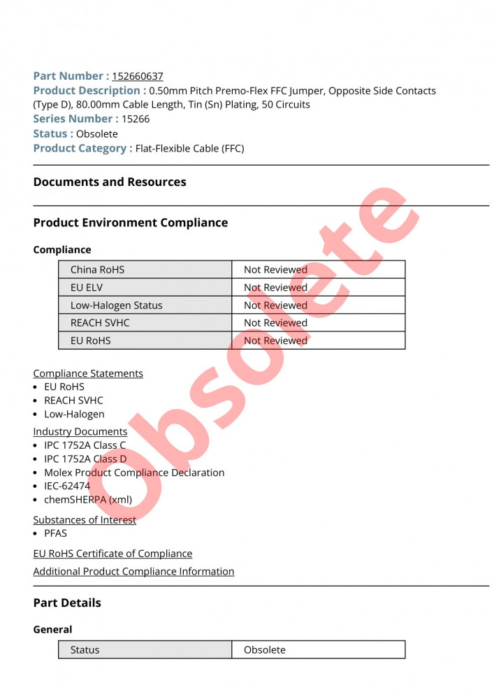 Molex Series 15266 FFC sales drawing, page 1