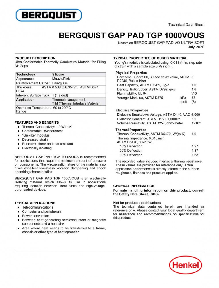 Bergquist GAP PAD TGP 1000VOUS datasheet page 1