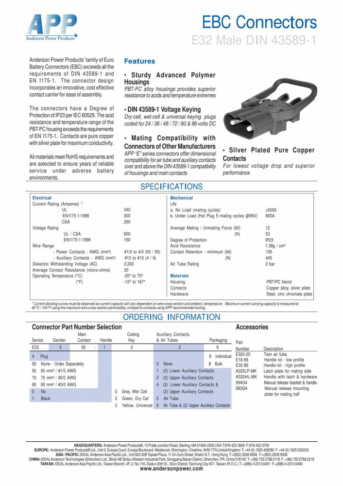 Anderson Power E32 Euro Battery Connector technical documentation page 1