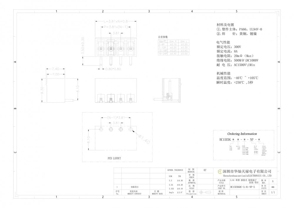 HCTL HC15EDGRC-3.81-16P-V technical drawing and specification image