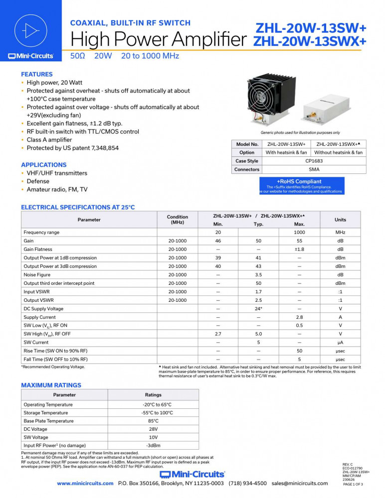 ZHL-20W-13SW+ technical document page 1