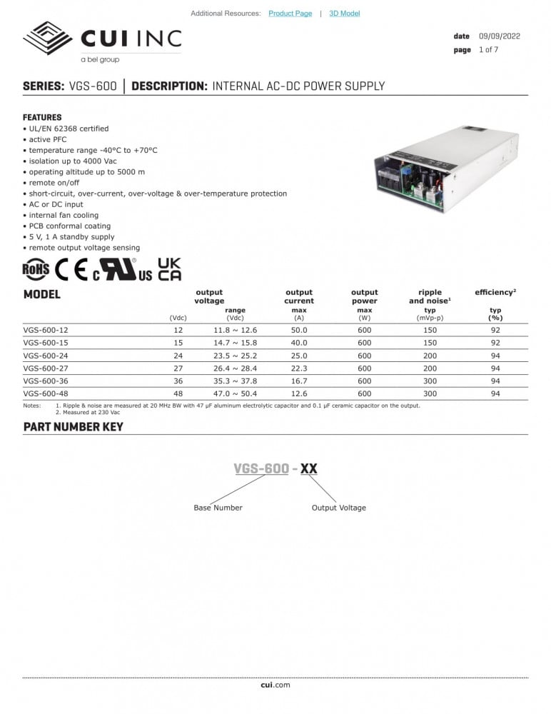 CUI VGS-600-27 datasheet page 1