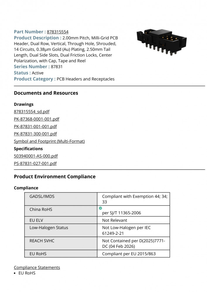 MOLEX 878315554 technical document page 1