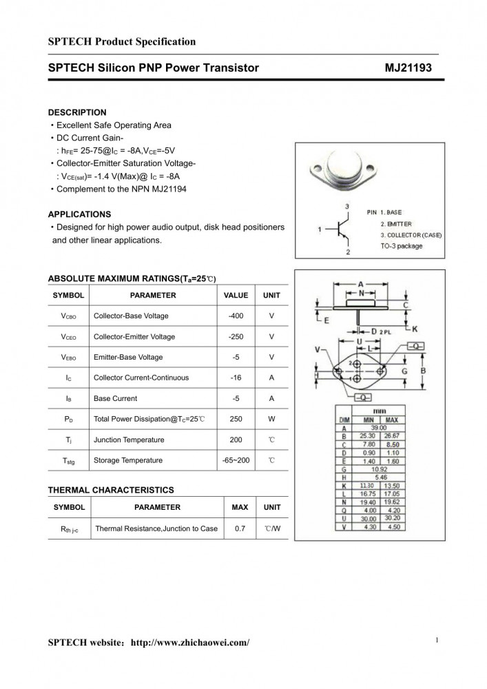 SPTECH MJ21193 datasheet page 1