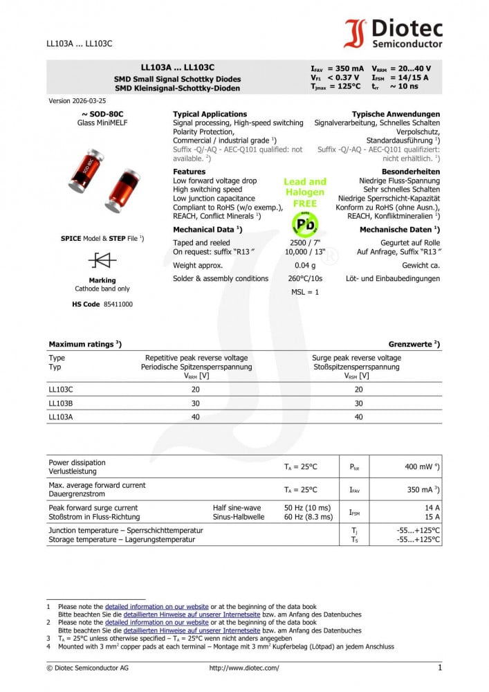 DIOTEC LL103A datasheet page 1