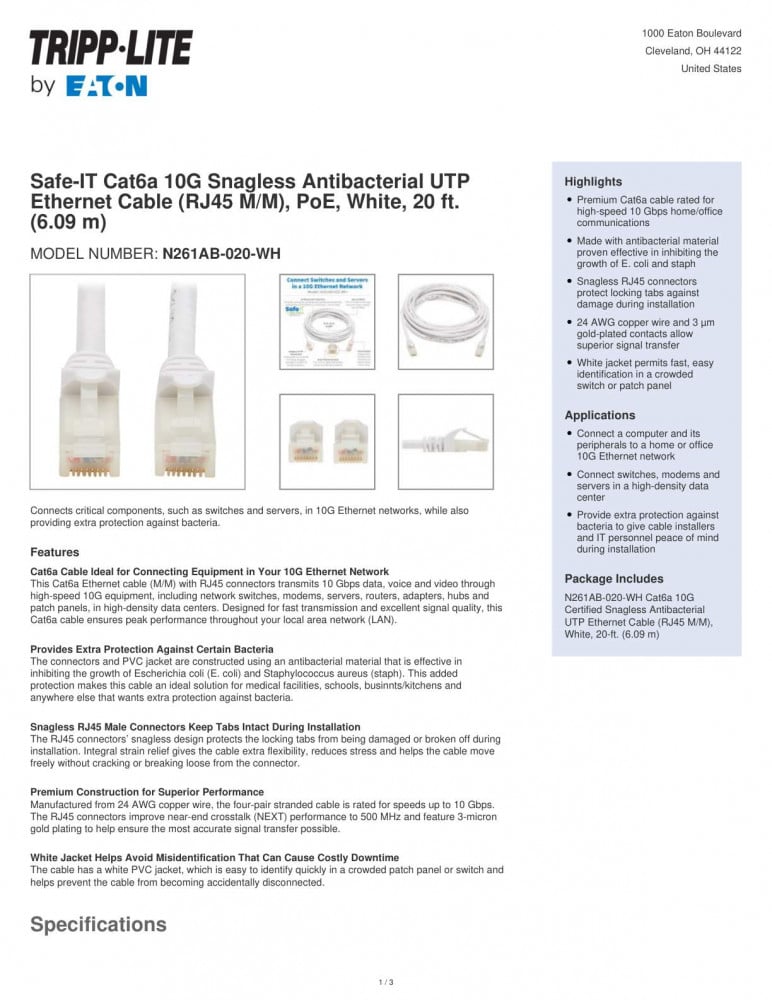 N261AB-020-WH technical document page 1