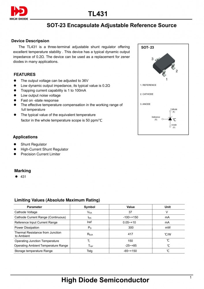 High Diode TL431 datasheet page 1