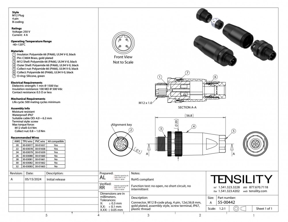 Tensility International 55-00442 M12 B-code four-pin plug product drawing