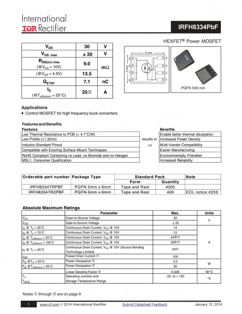 IRFH8334TRPBF datasheet page 1