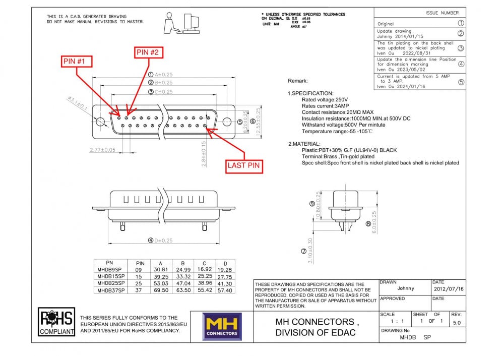 MH CONNECTORS MHDB SP connector technical drawing