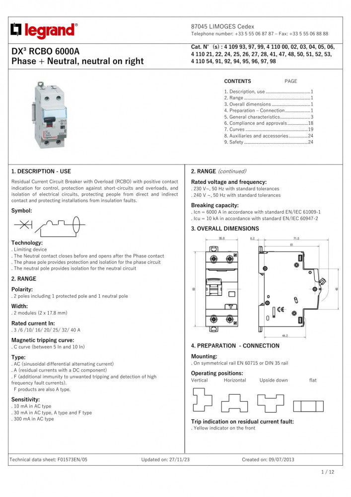Legrand DX³ RCBO technical document page 1