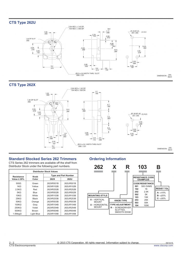 CTS Series 262 trimmer dimensions and part numbers