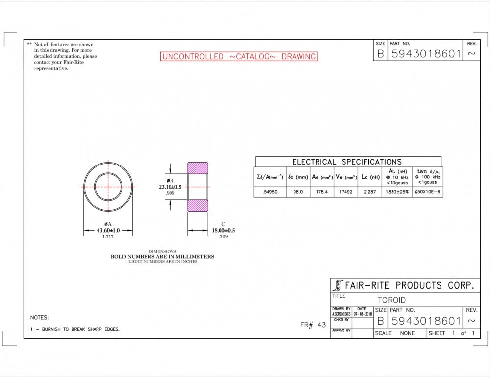 Fair-Rite 5943018601 technical document preview