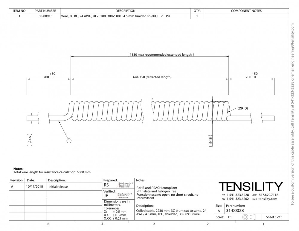 Tensility International drawing image for cable assembly 31-00028