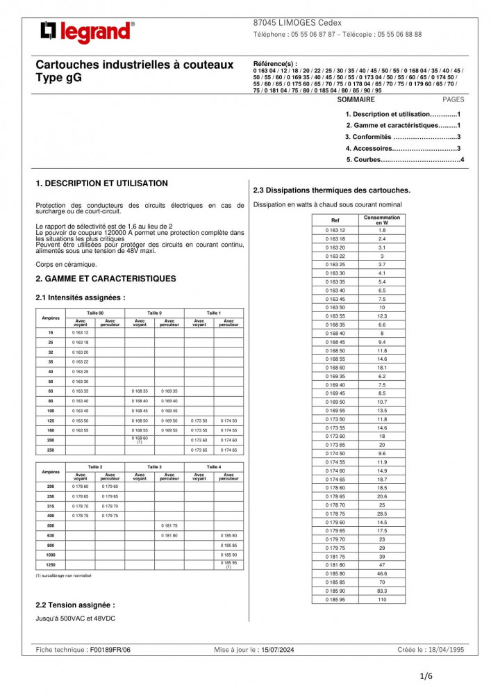 Legrand knife-blade gG fuse-link document, page 1