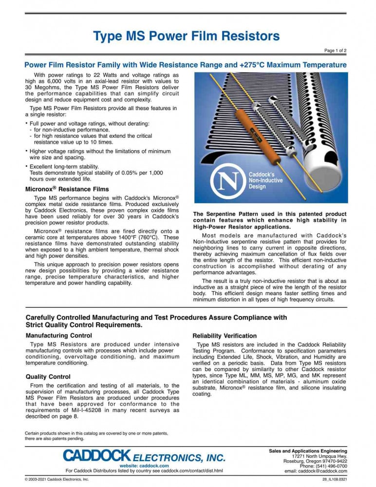 Caddock Type MS resistor technical document page 1