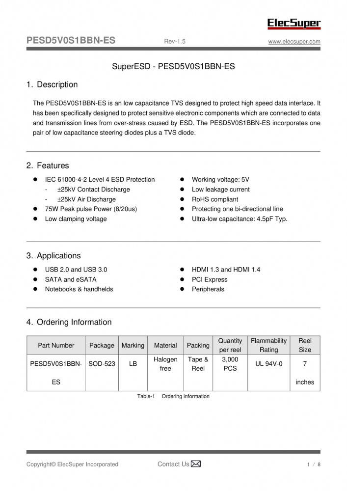 PESD5V0S1BBN-ES datasheet page 1
