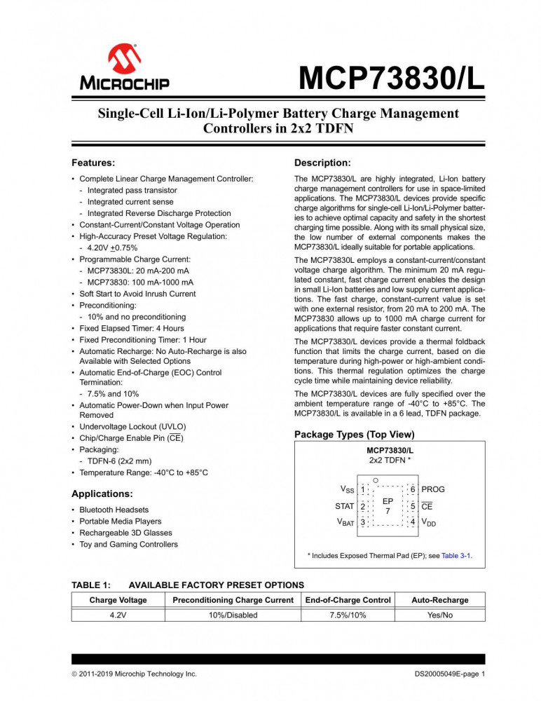 MCP73830 datasheet preview, page 1