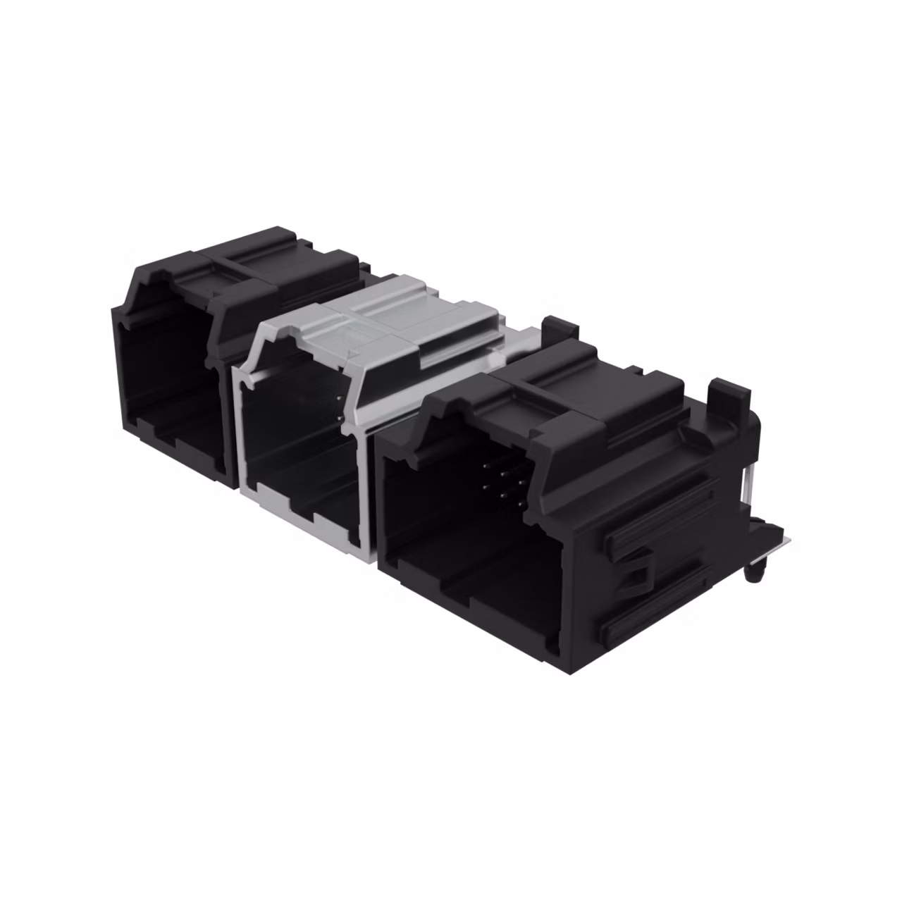 Stac64 3 Bay Right-Angle Headers, 40 Circuits, Bay A 12 Circuit Signal Header, Polarization A, Black; Bay B 12 Circuit Signal Header, Polarization B, Gray; Bay C 16 Circuit Signal Header, Polarization A, Black; Tray for sale