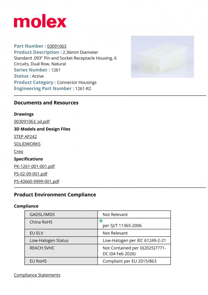 Molex .093 standard pin and socket connector document, page 1