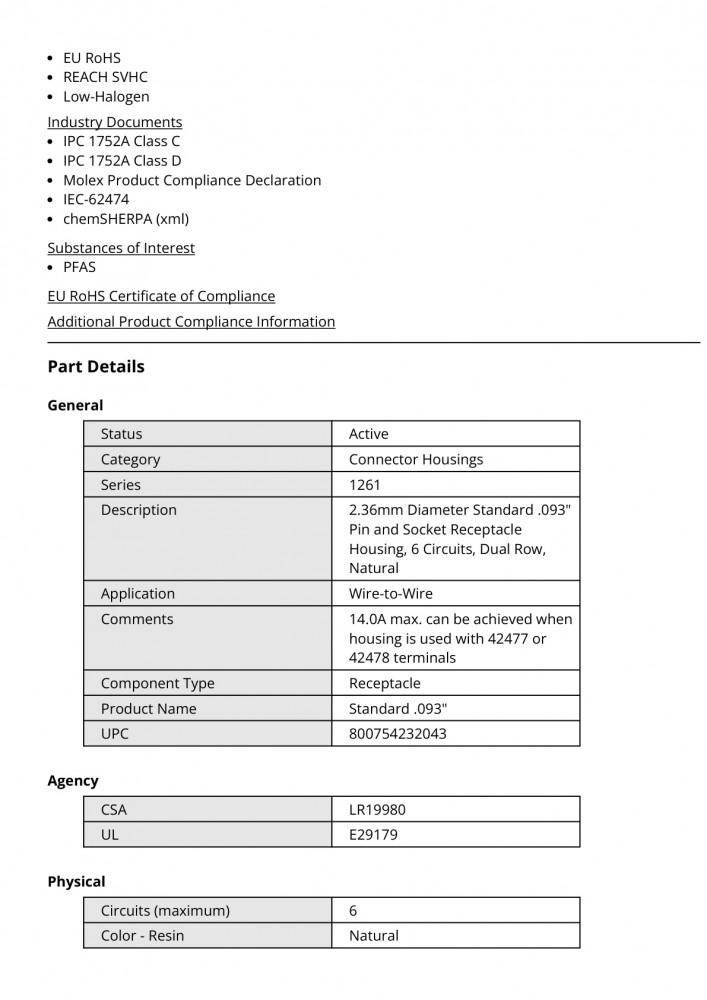 Molex .093 standard pin and socket connector document, page 2