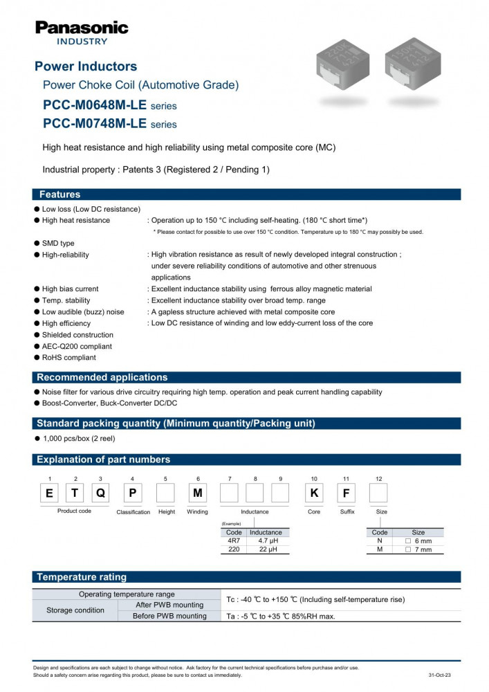 Panasonic ETQ-P4M100KFN datasheet page 1