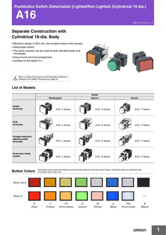 OMRON A165 series datasheet page 1