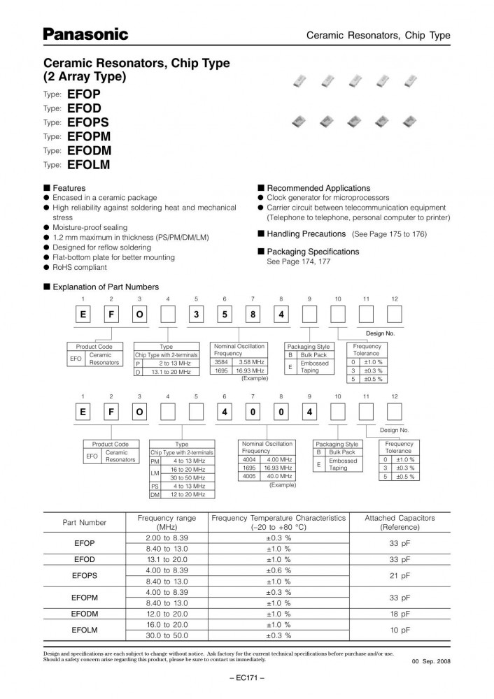 PANASONIC EFOP ceramic resonator datasheet page 1