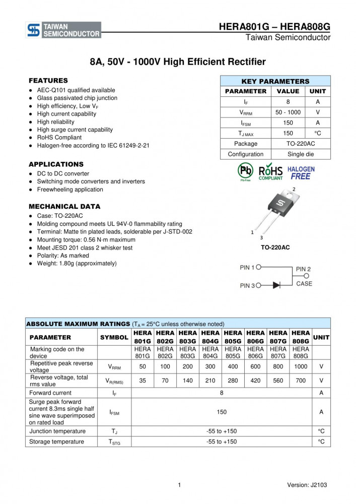 HERA802G datasheet page 1