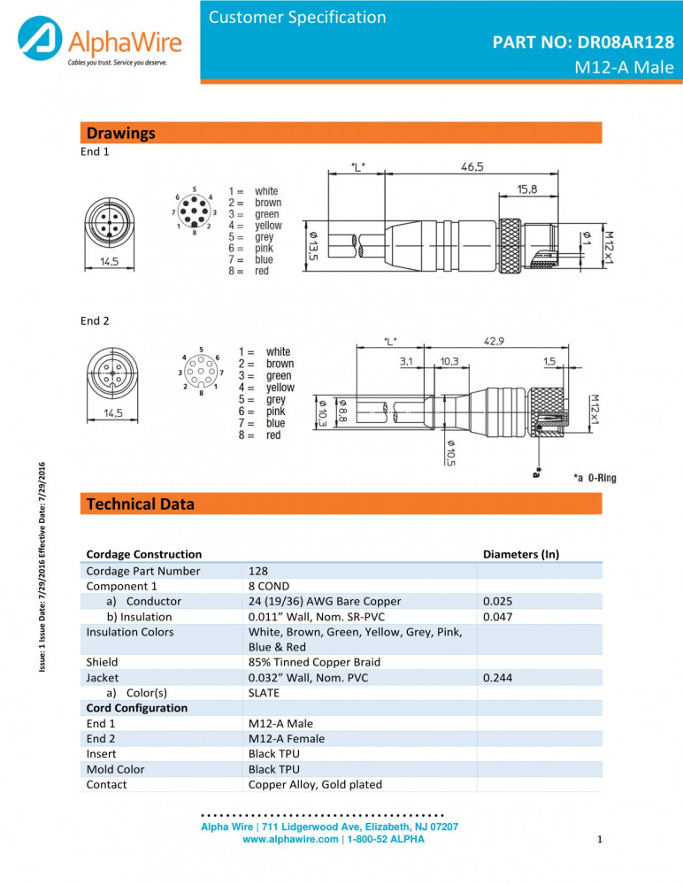 Alpha Wire DR08AR128 technical drawing page 1