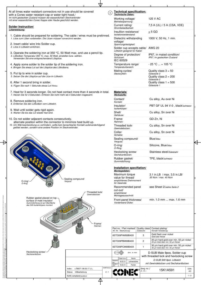 Conec 6STD09PAM99B40X technical drawing, page 1