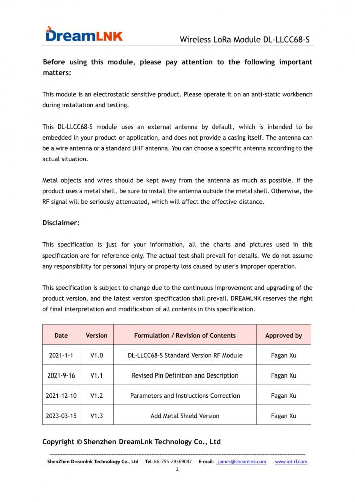 DL-LLCC68-S-868 datasheet page 2
