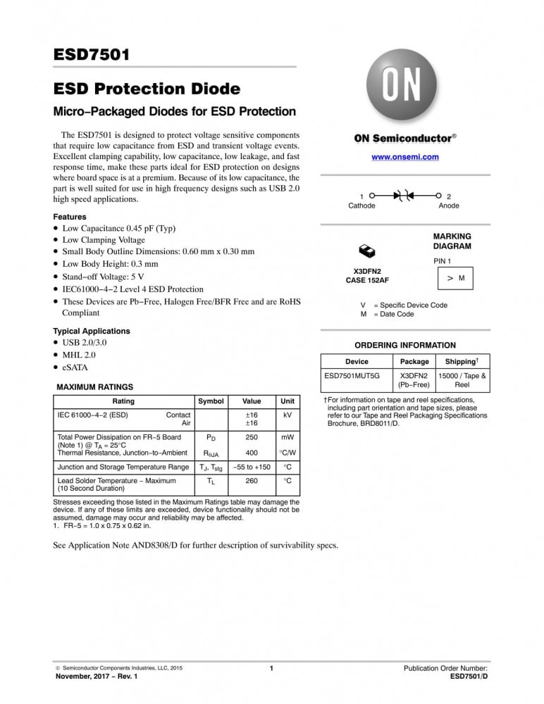 ESD7501MUT5G datasheet page 1